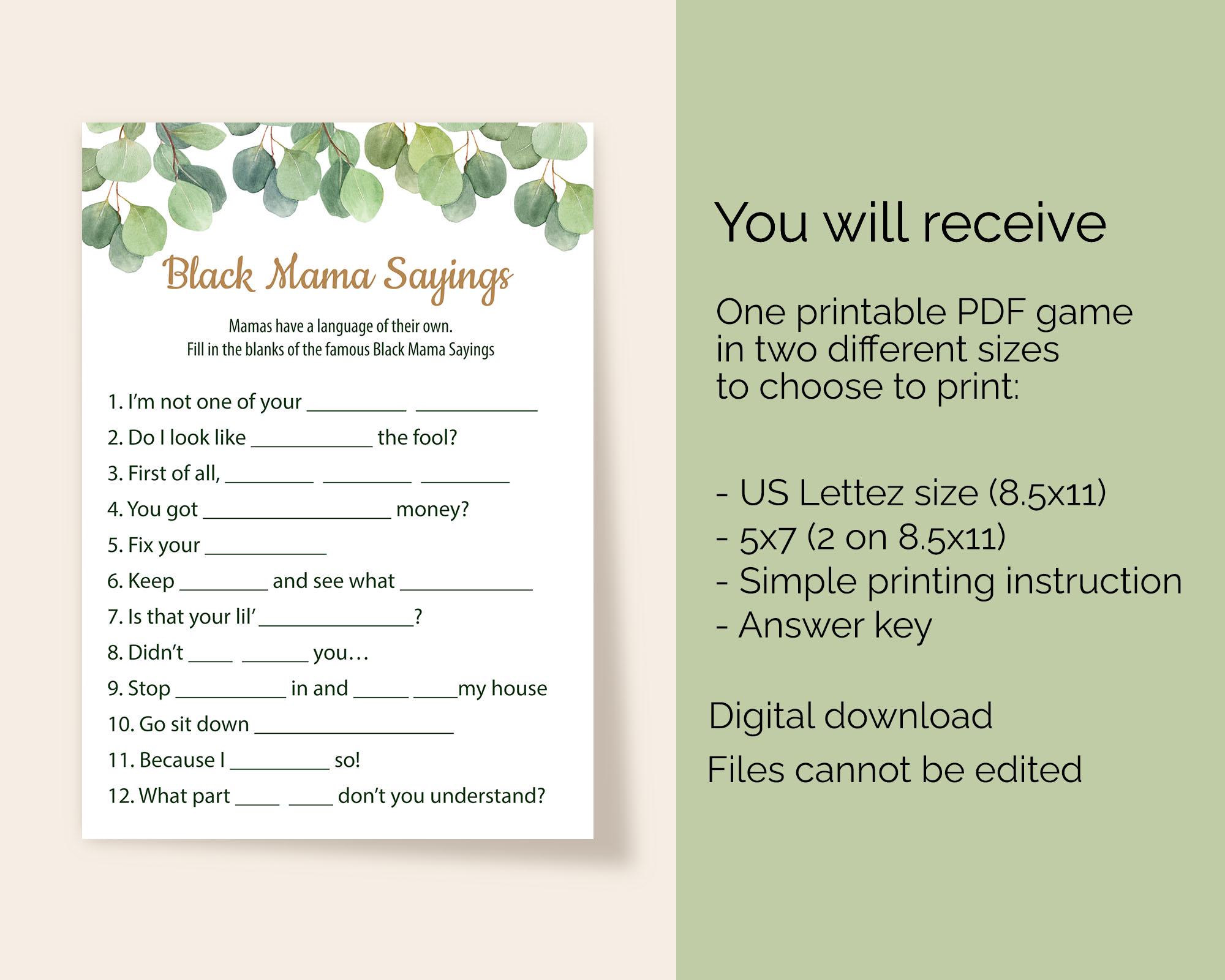 Black Mama Sayings Baby Shower Game, Eucalyptus Baby Shower Game ...