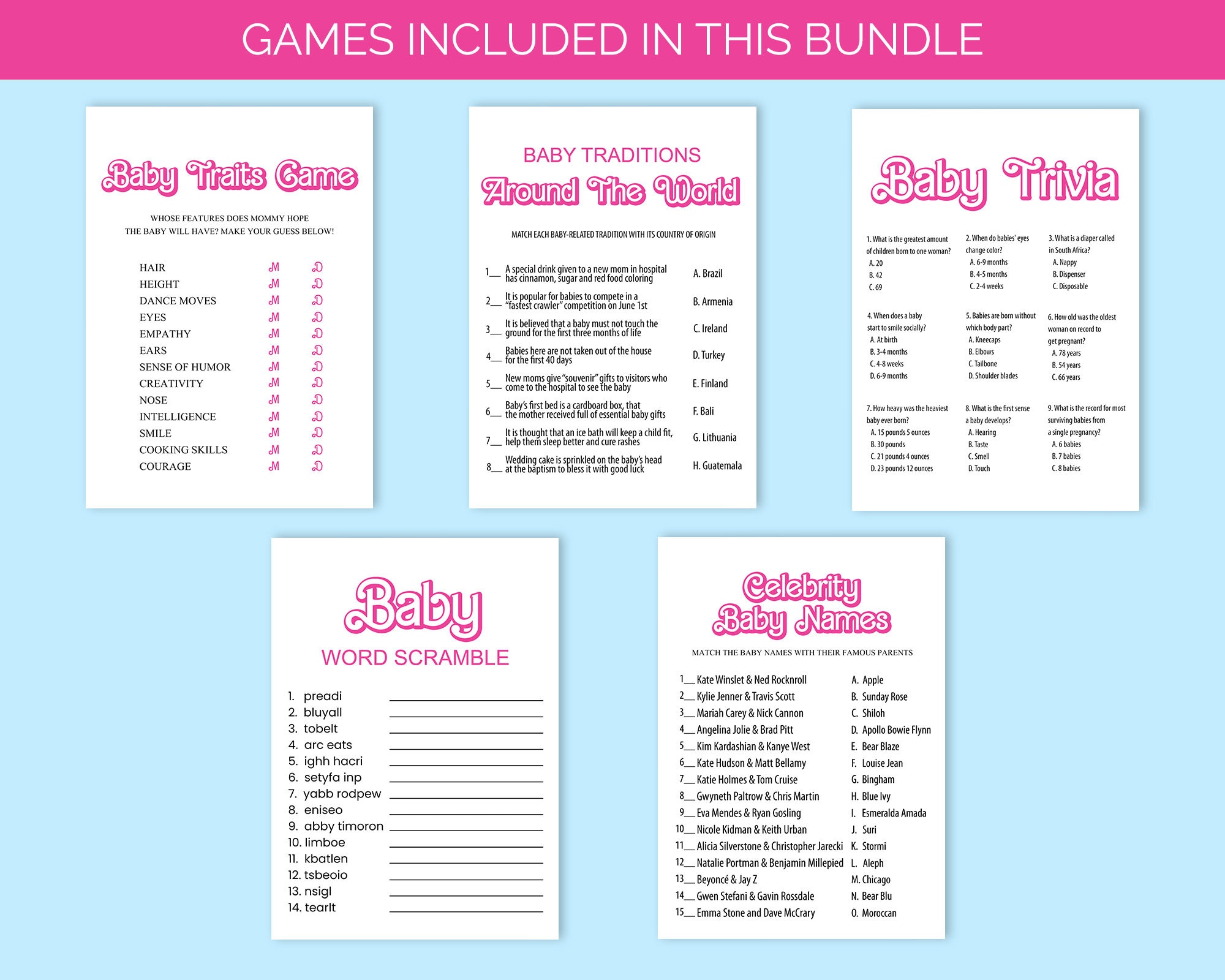 Hot Pink Doll Baby Shower Games Bundle Printable Fun Baby Shower Games ...