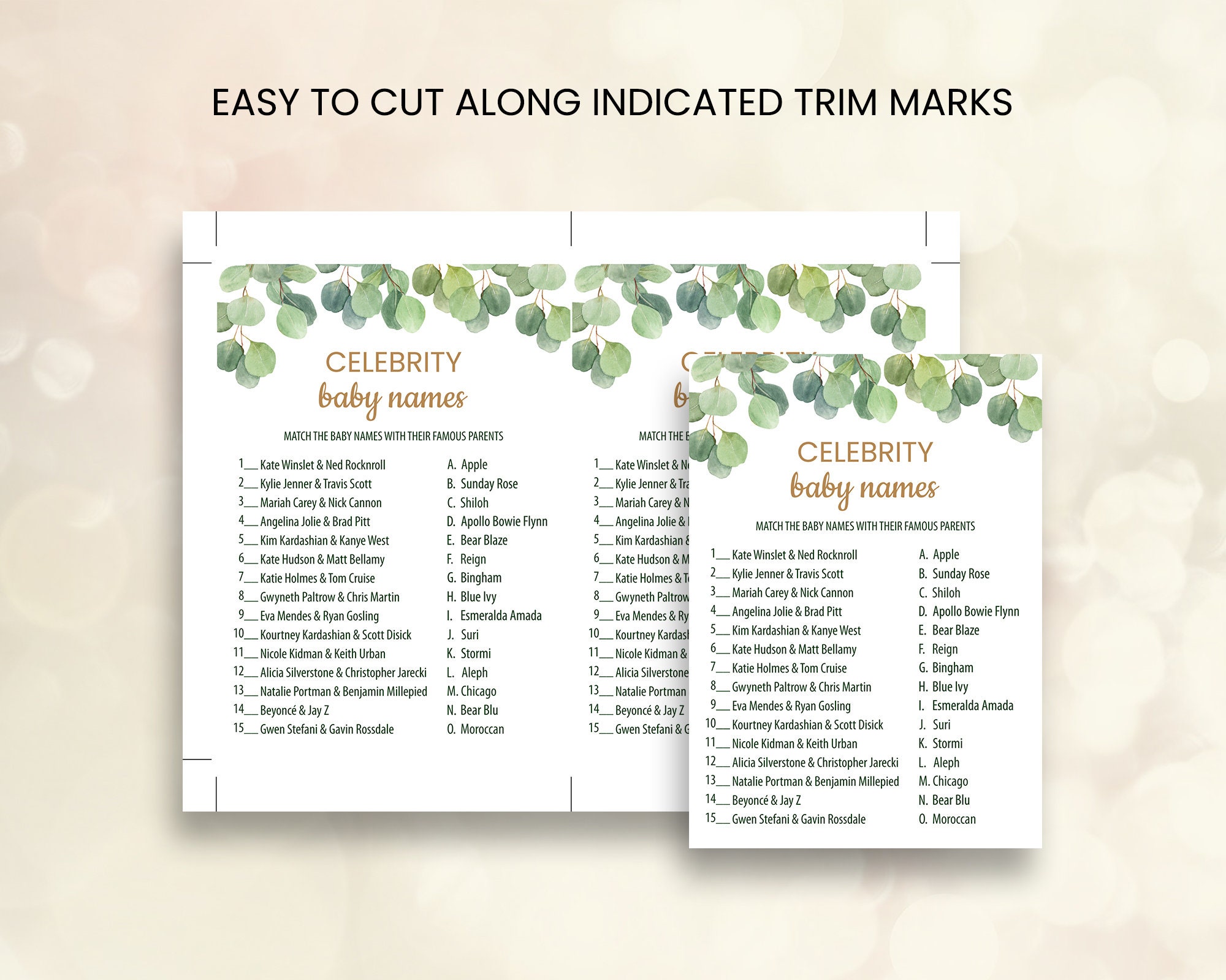 Celebrity Baby Names Greenery Baby Shower Games Printable Eucalyptus ...
