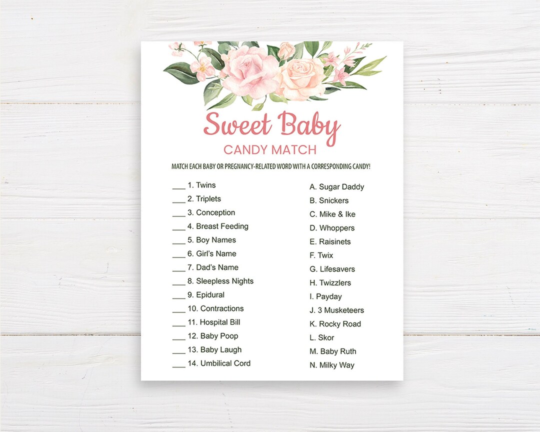 Sweet Baby Candy Match Game Floral Baby Shower Games Printable Blush ...