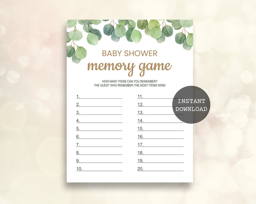 Baby Shower Memory Game Eucalyptus Baby Shower Games Printable Greenery ...