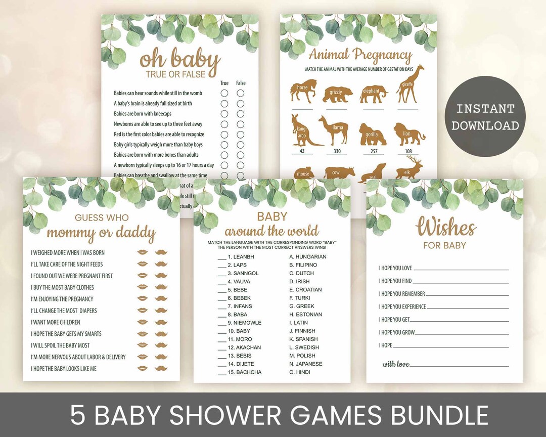 Eucalyptus Baby Shower Games Bundle Greenery Baby Shower Games Fun Baby ...