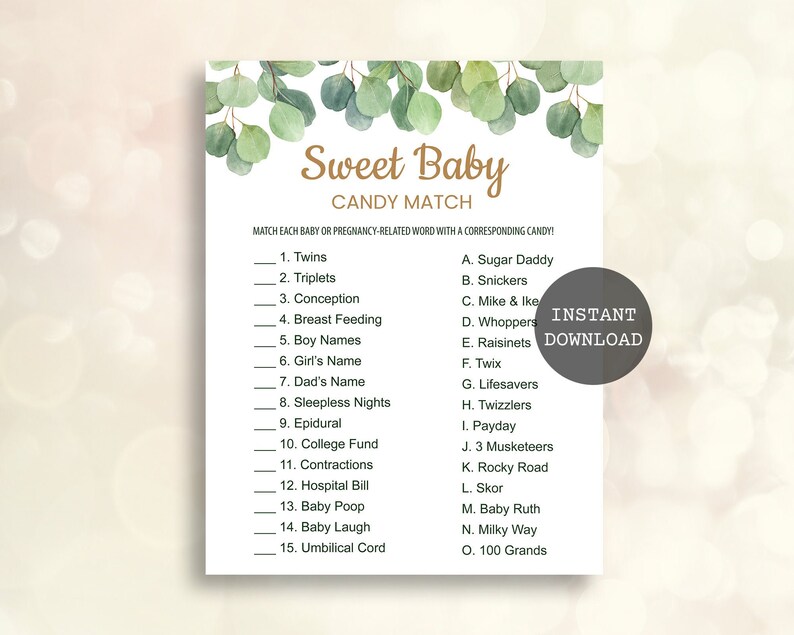 Sweet Baby Candy Match Game Greenery Baby Shower Games Printable ...