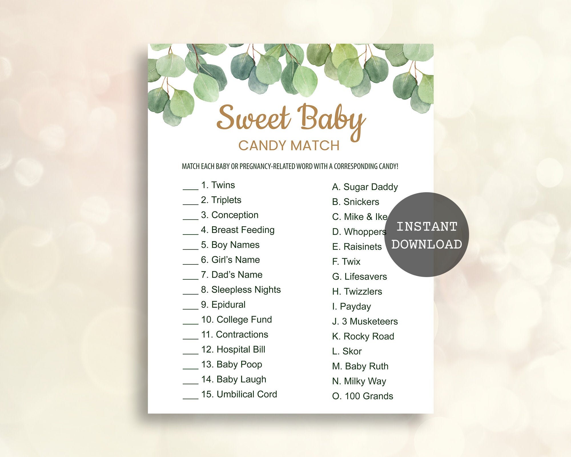 Sweet Baby Candy Match Game Greenery Baby Shower Games Printable ...