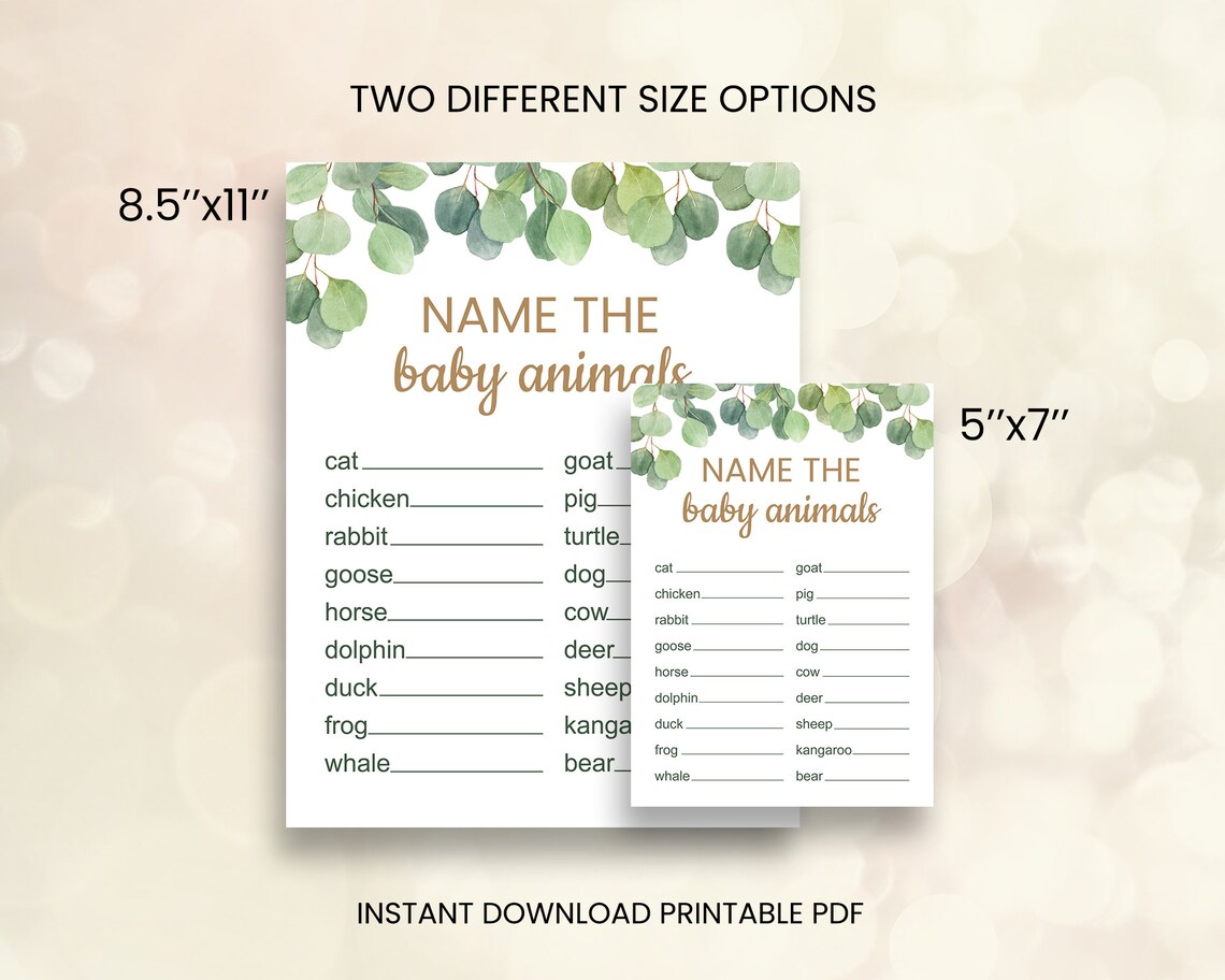 Name the Baby Animals Game Greenery Baby Shower Eucalyptus Baby Shower ...