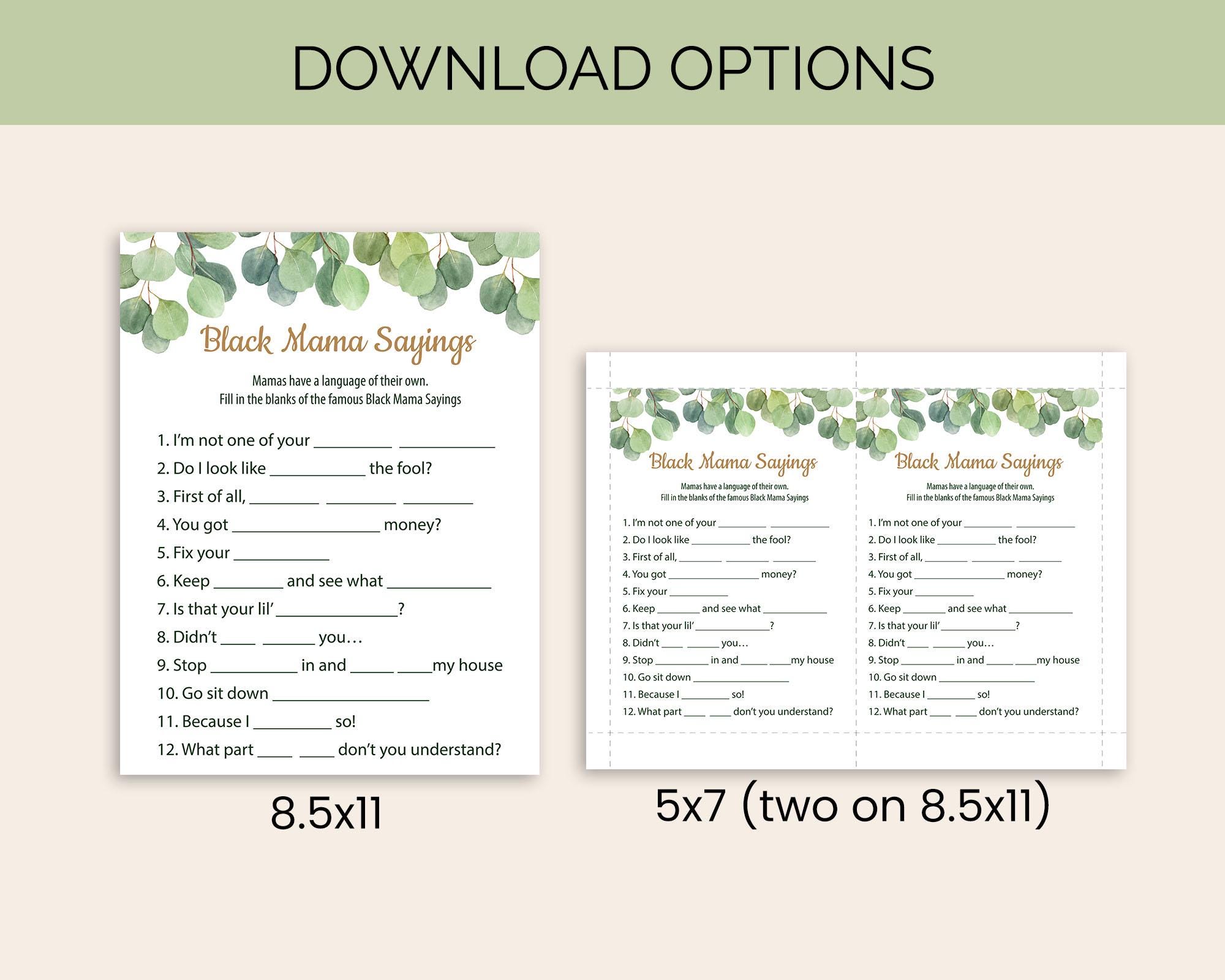 Black Mama Sayings Baby Shower Game, Eucalyptus Baby Shower Game ...