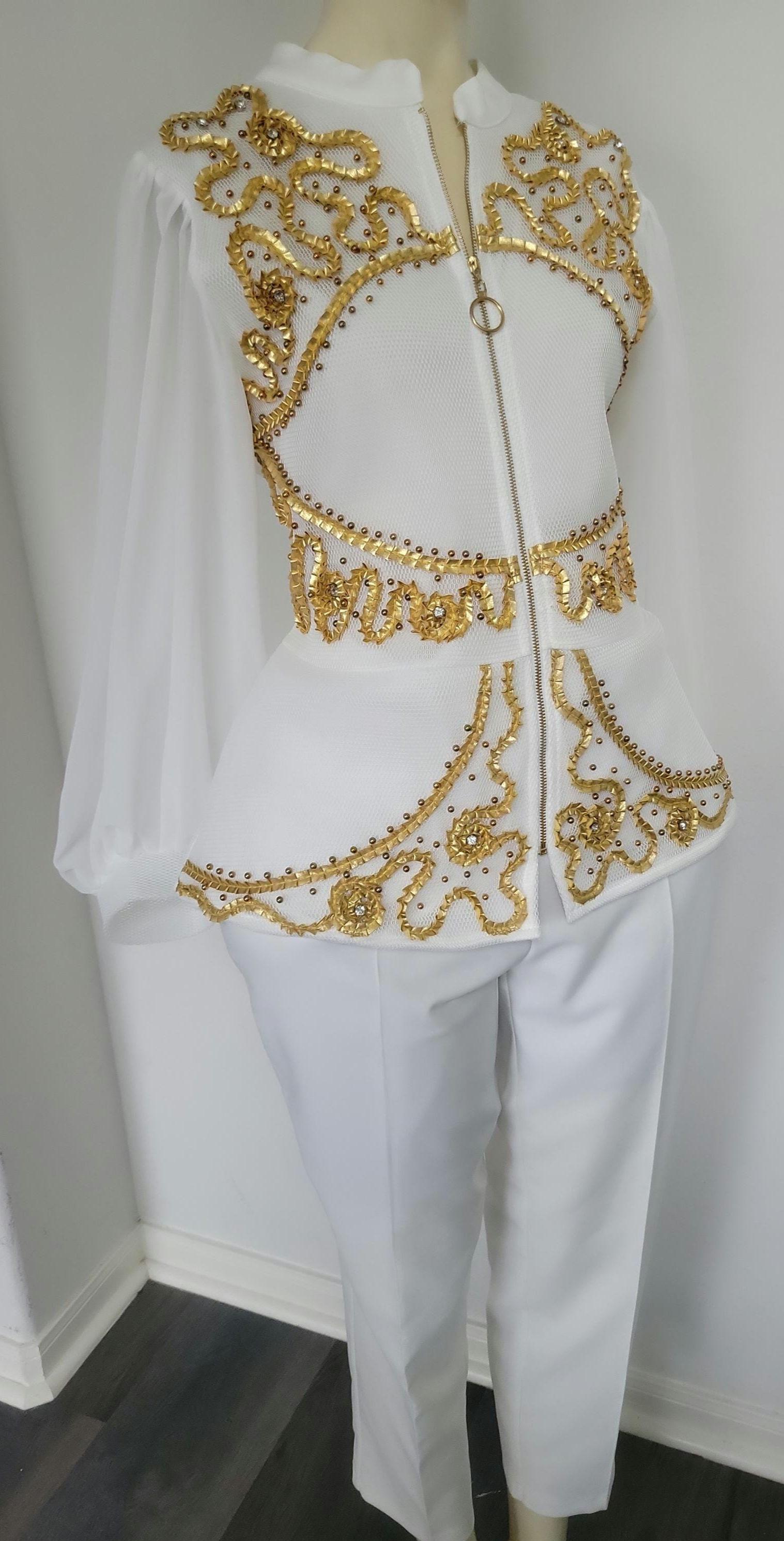 White/gold Two Pieces Set Pant Suit - Etsy