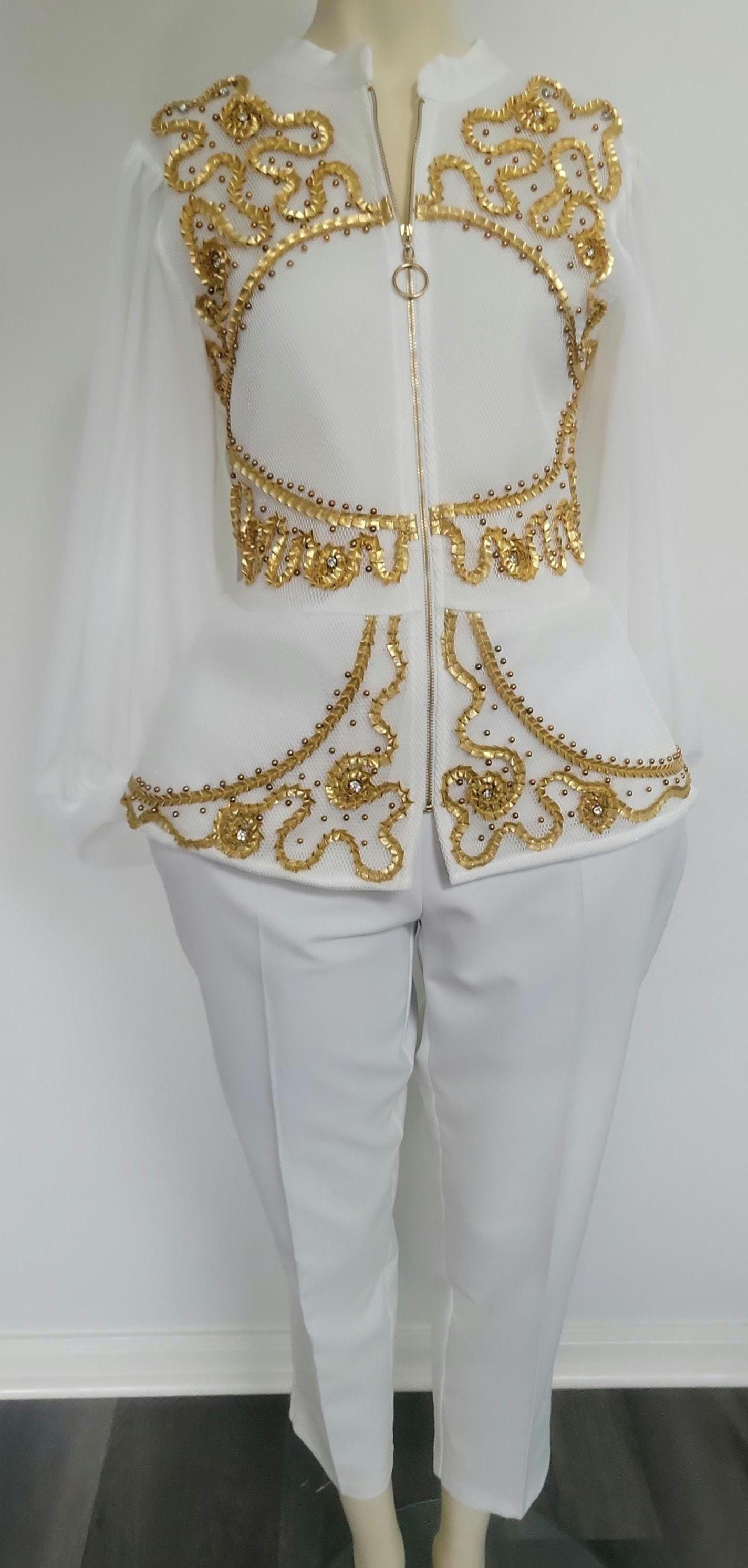 White/gold Two-piece Set Pant Suit - Etsy