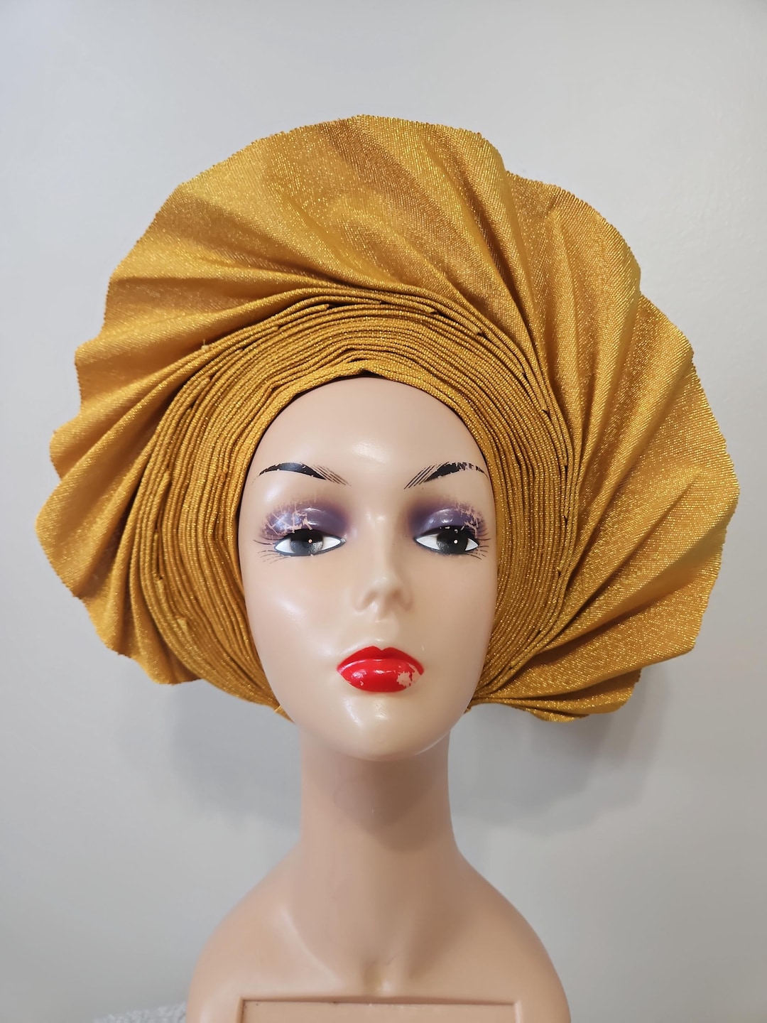 100% Authentic Aso-oke Mustard Yellow Color Full Fan Style Auto Gele - Etsy