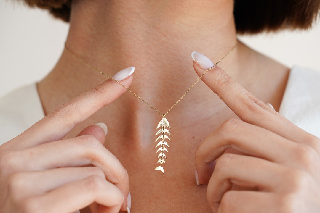 Solid Gold Fishbone Necklace With Diamond Solid Gold Fish - Etsy