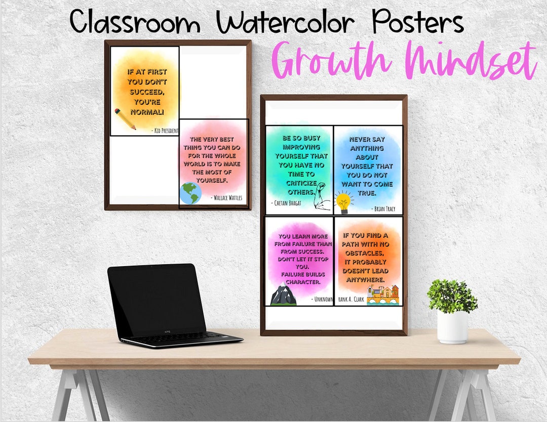12 Watercolor Growth Mindset Motivational Bulletin Board Posters ...