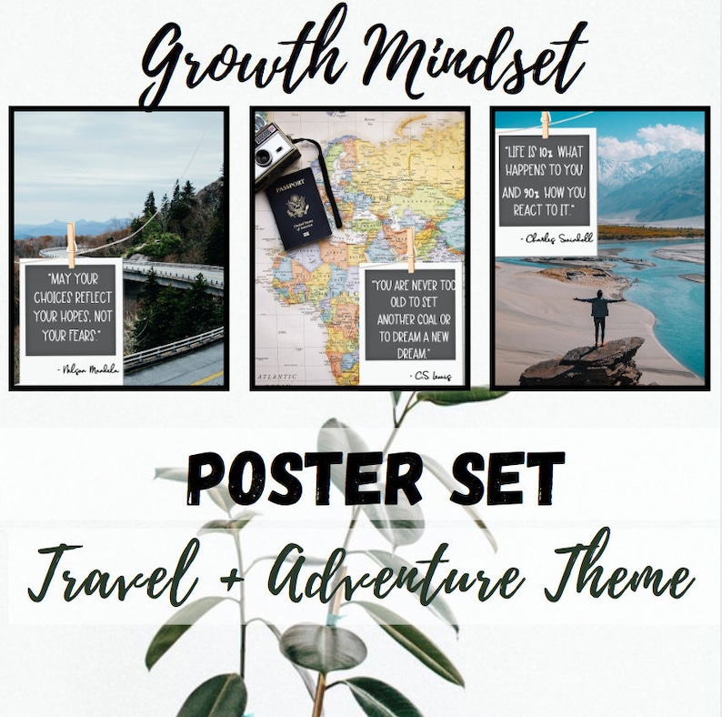 Growth Mindset Poster Set of 20 | Travel and Adventure Themed Bulletin ...