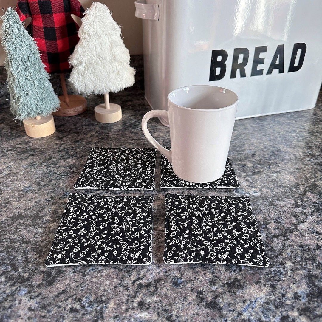 Set of 4 Black and White Floral Mug Rug Drink Coasters, Coasters for ...
