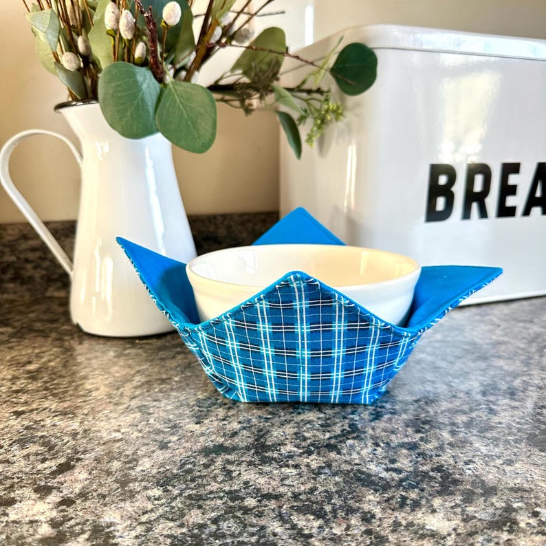 Blue Plaid Microwave Bowl Cozy, Hot Bowl Cozy, Hot Pad, Hot Soup or ...