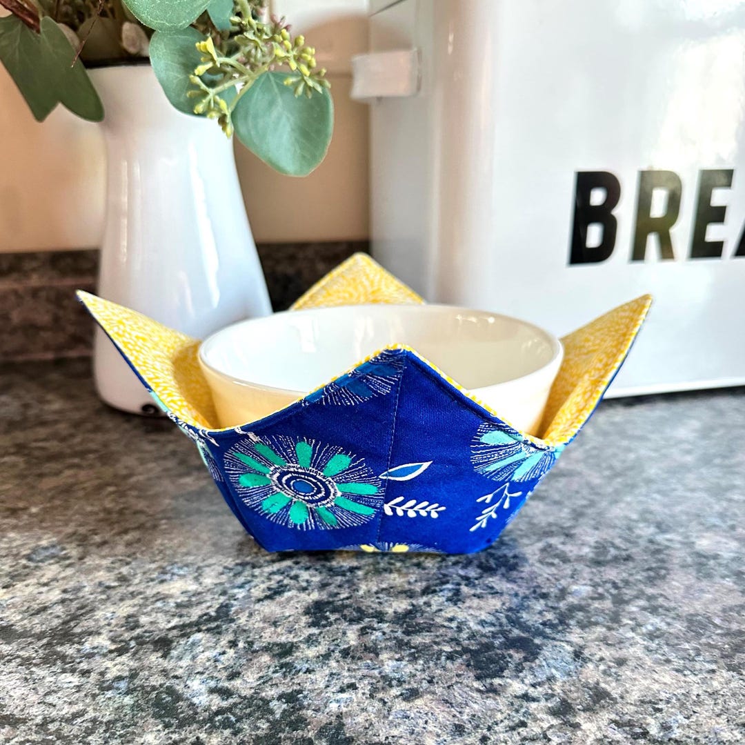 Blue and Yellow Floral Microwave Safe Bowl Cozy, Soup Bowl Cozy, Cozies ...