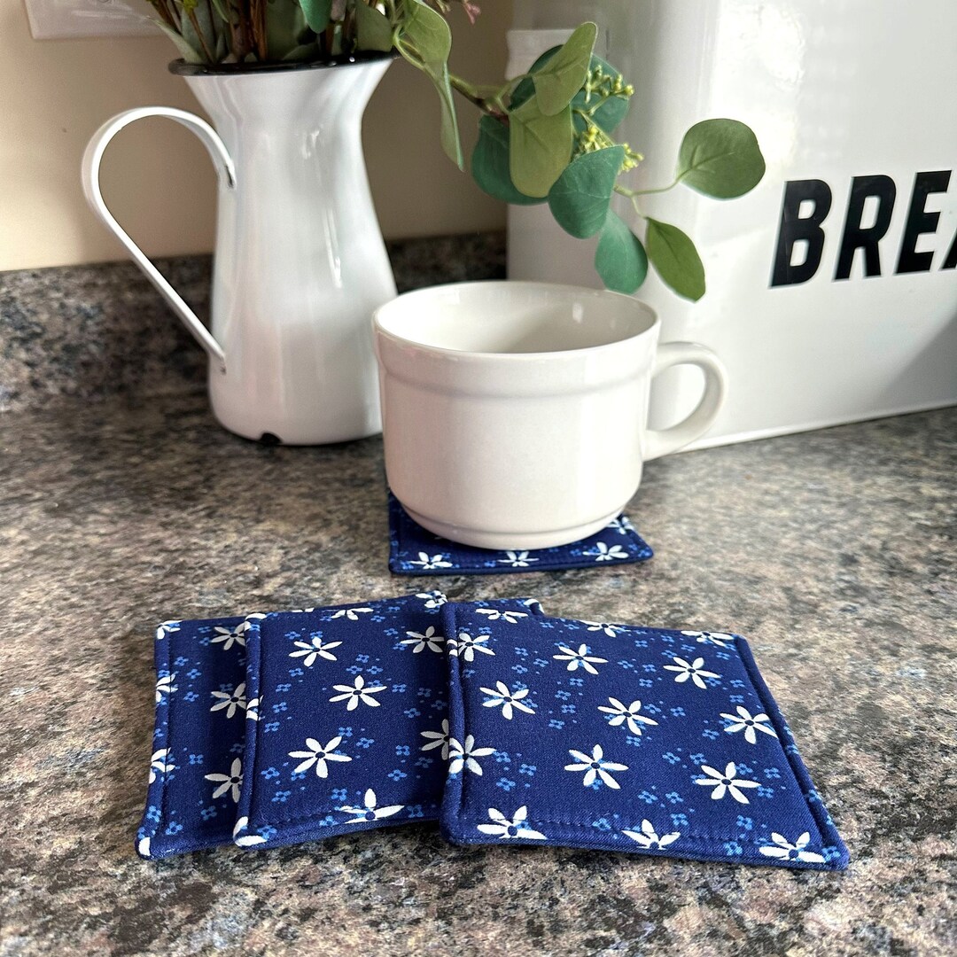 Set of 4 Blue Floral Mug Rug Drink Coasters, Blue Coasters, Gift for ...