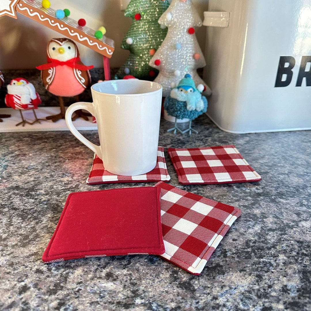 Dark Red and Off-white Plaid Coasters, Set of 4 Plaid Mug Rug Drink ...