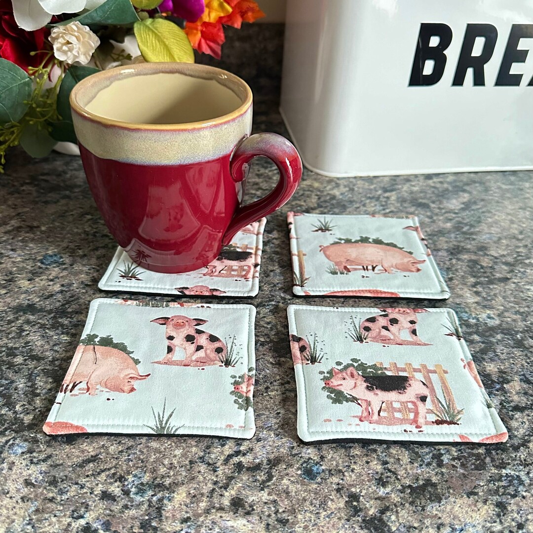 Set of 4 Adorable Pig Mug Rug Drink Coasters, Coasters for Hot Mug, Pig ...