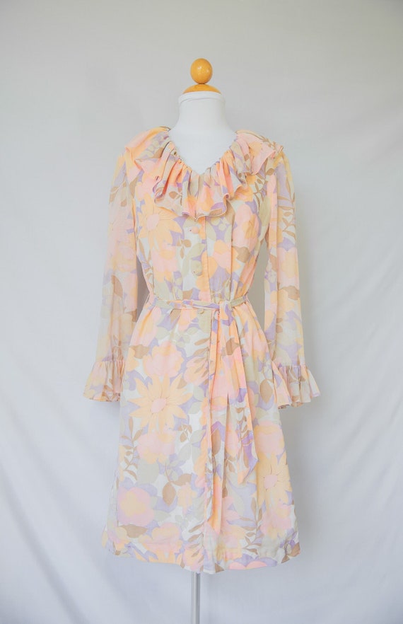 1960s Pastel Psychedelic Ruffle Shirt Dress - Gem
