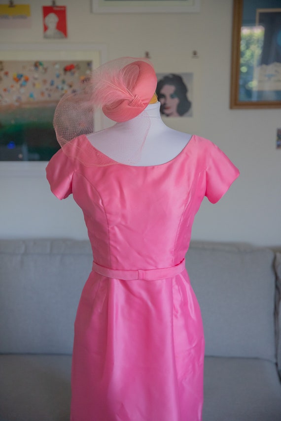1950s Bubble Gum Pink Satin Cocktail Dress With Flowe… Gem