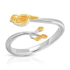 Golden Bird With Gold Twigs Adjustable Ring Sterling Silver Golden Leaf ...