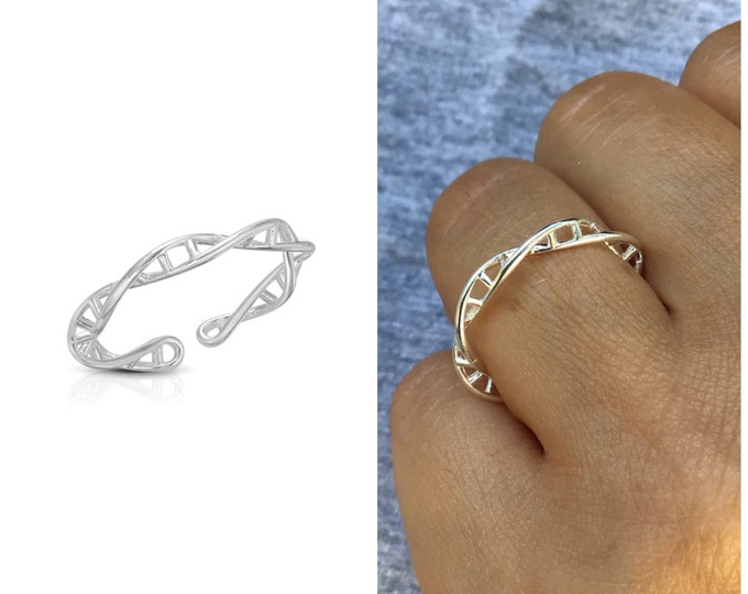 DNA Ring Sterling Silver Molecule Ring Adjustable Open Silver Band Ring ...