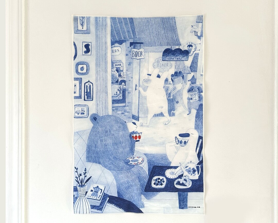 Blue the Bear Cafe Fabric Poster, Small Tapestry Wall Hanging, Nursery ...