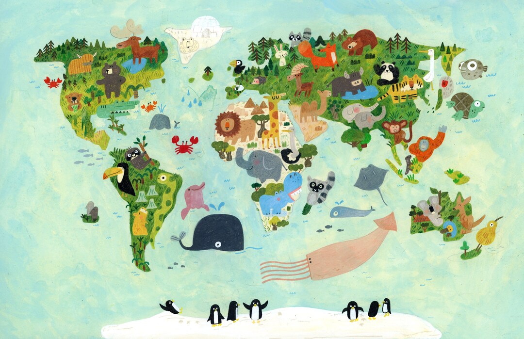 Illustrated World Map of Animals - Etsy