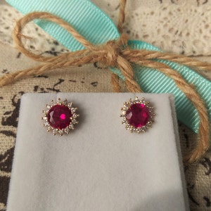 Gold 14K Round Cluster Stud Earrings With Red and White Sapphires/gold ...