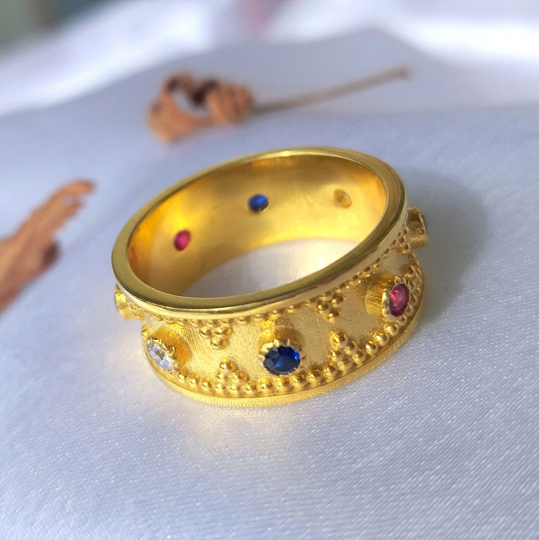 Greek Byzantine Ring K18 Gold-plated Silver 925 Multicoloured Gemstones ...