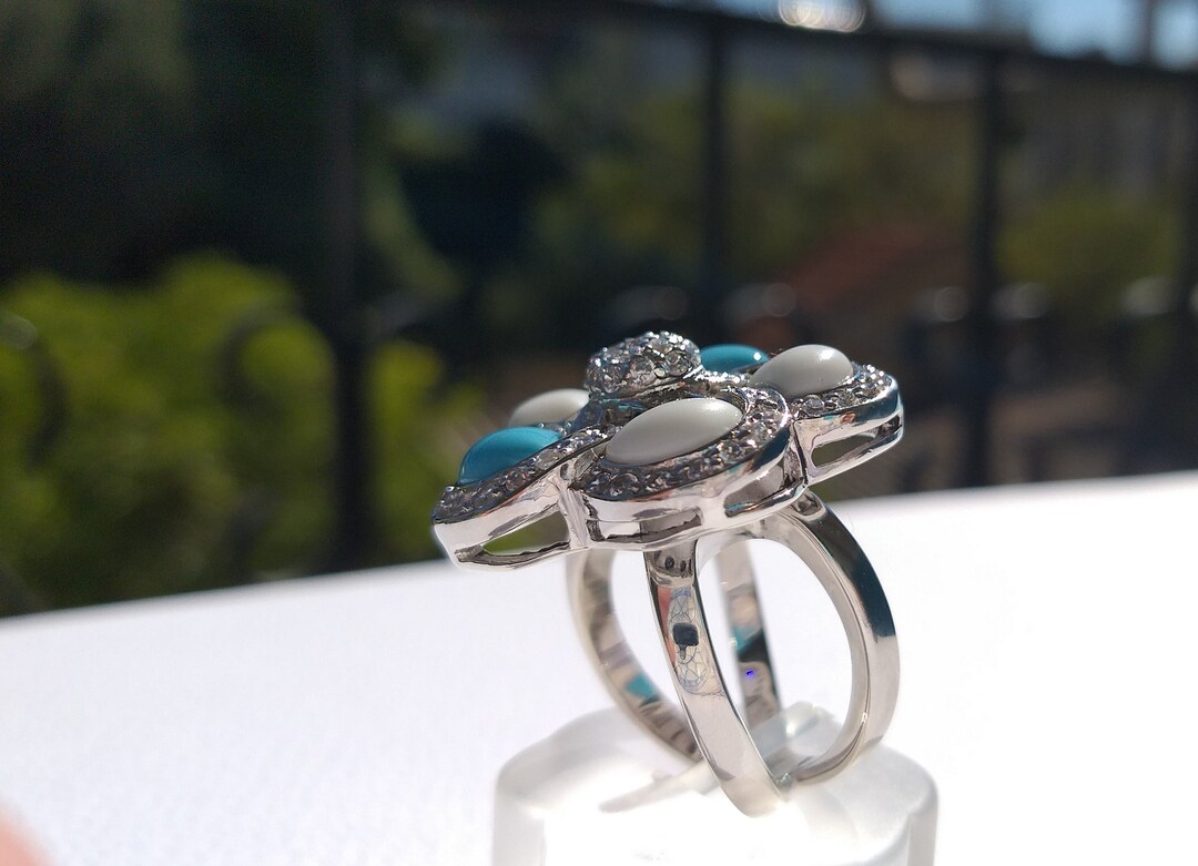 Buy Big Flower Ring Silver 925 With White Zircons,Τurquoise and White ...
