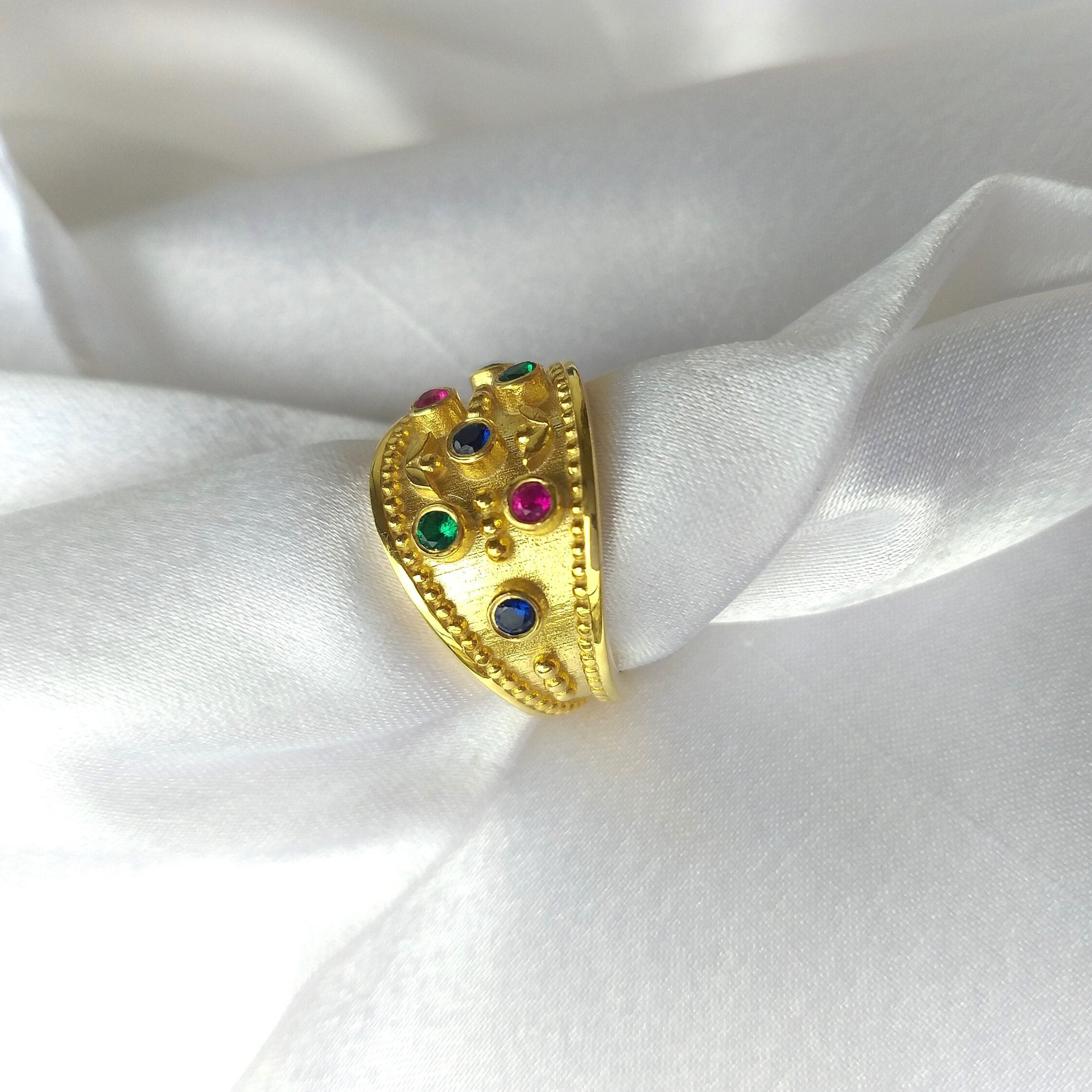 Greek Byzantine Ring 18K Gold-plated Silver 925 & Multy-colour Gem ...