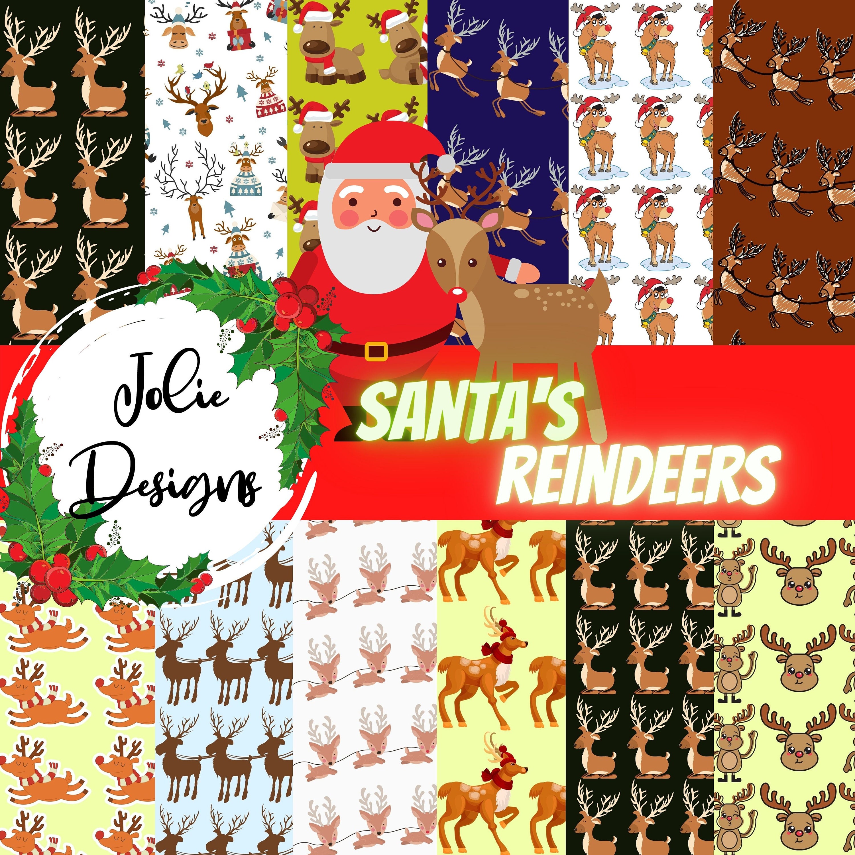 Santa's Reindeer Christmas Digital Papers 12 Pieces High Quality Jpegs ...