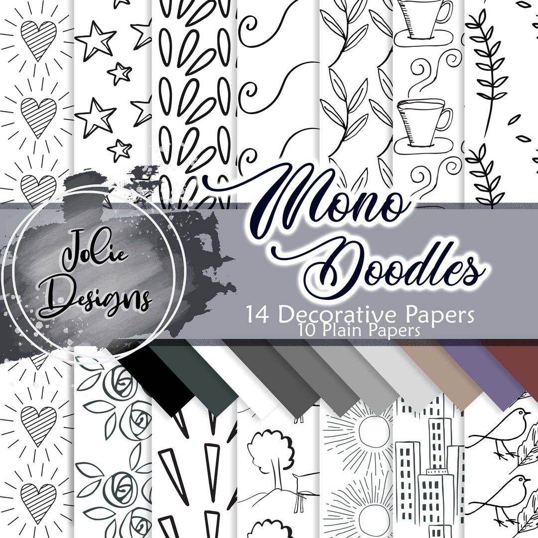 14 Digital Decorative Mono Black & White Doodles 10 Plain Papers ...