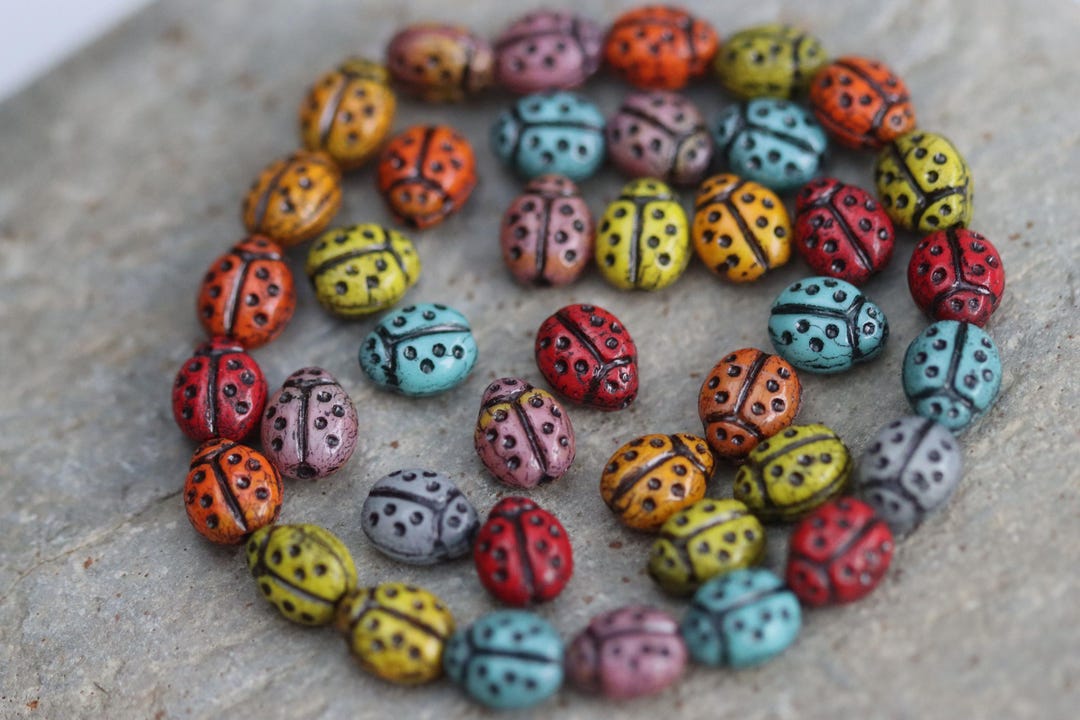 New! Ladybird Multicolour Mix With Black Wash Czech Glass Beads 9x7mm ...
