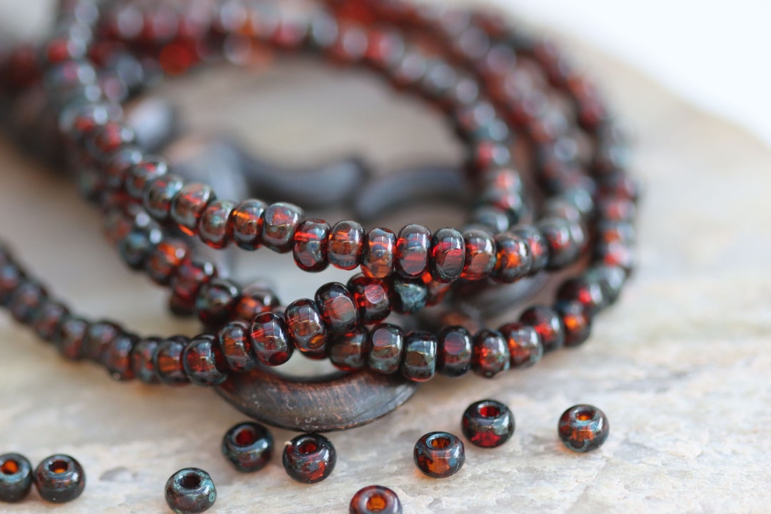 Dark Ruby Red & Orange Brown Mix Trica Czech Glass Beads 4x3mm, 50 ...