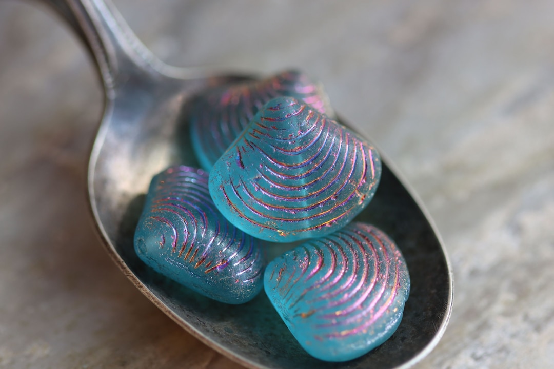 New Matte Aurora Sky Blue Clam Shell Czech Glass Beads 18x15mm, 4 Beads ...