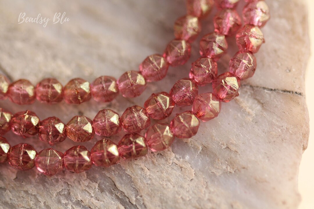 Perles roses dorées taillées en anglais 4 mm, verre tchèque de qualité ...