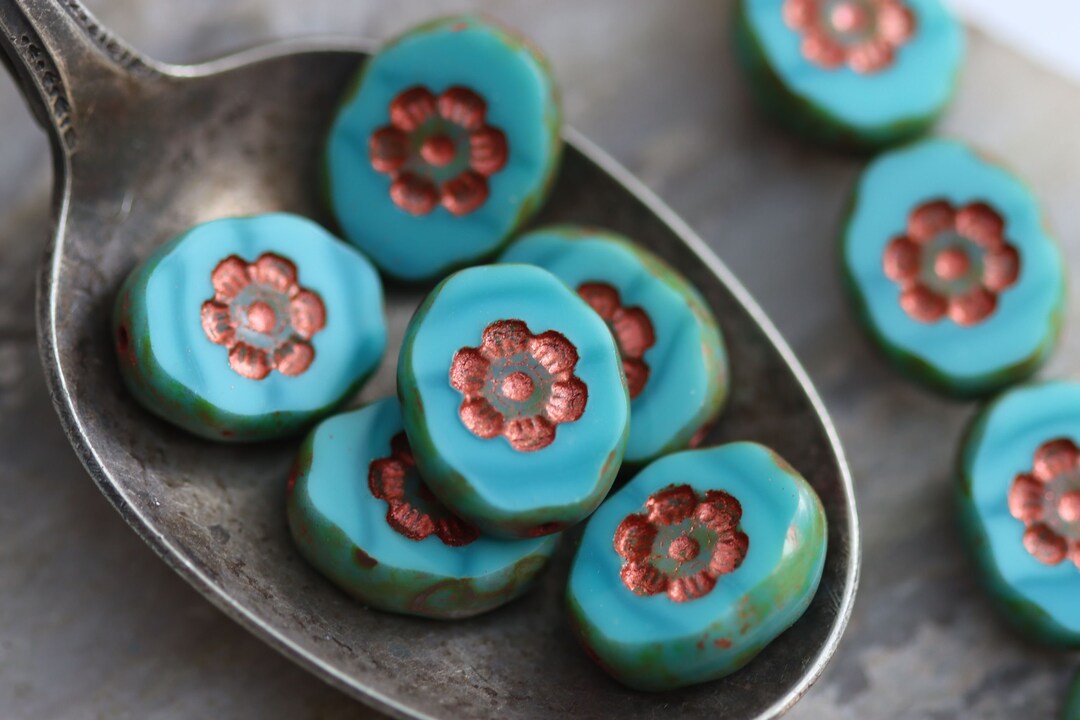 Silky Turquoise With Copper Wash Flower Oval Czech Glass Beads 14x11mm ...