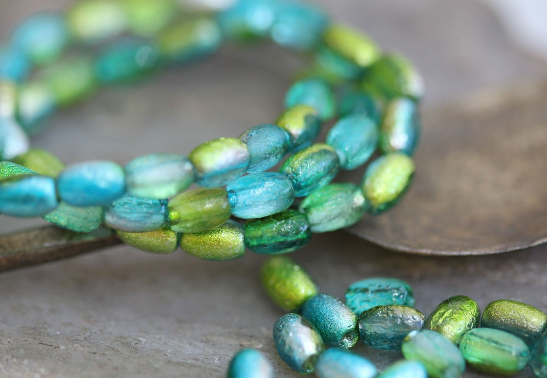 Etched Mermaid Lagoon Czech Glass Rice Beads 6x4mm, 1 Strand (50 Beads ...