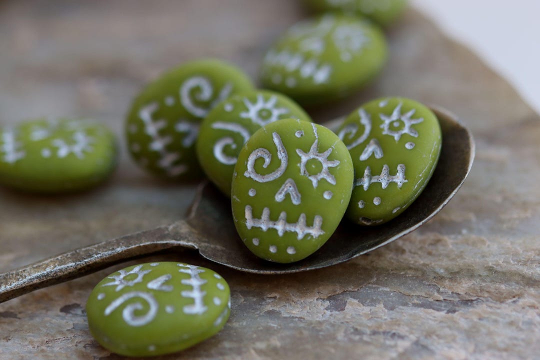 Matte Olive Green Czech Glass Voodoo Funny Face Beads 16x13mm, 4 or 8 ...