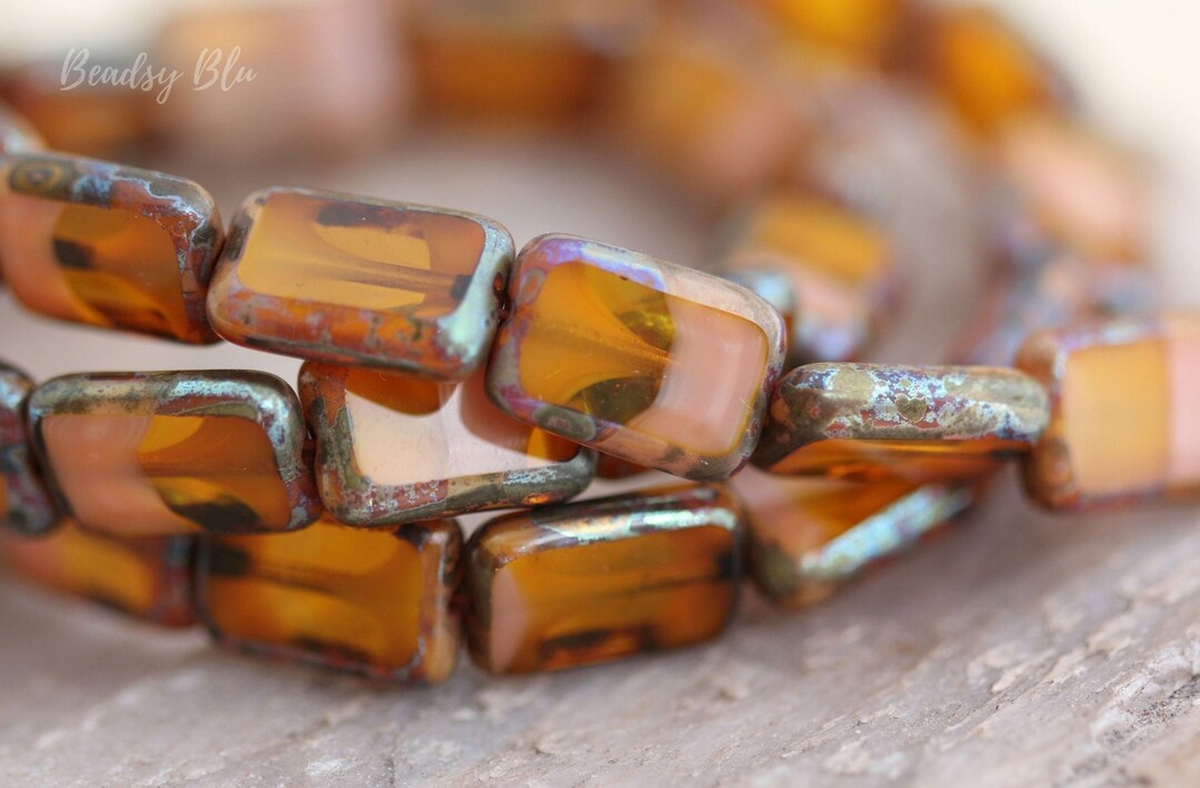 Sepia Orange & Peach Picasso Rectangle Beads 12x8mm, Premium Czech ...