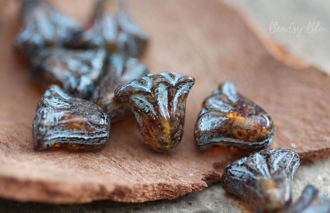 Dark Topaz Picasso Turquoise Wash Lily Beads, Premium Czech Glass ...