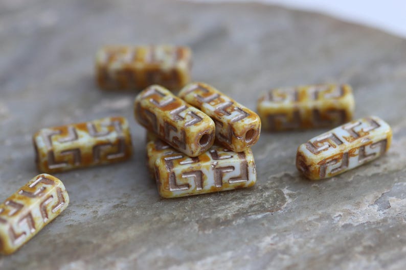 Ancient Greek Key Square Tube Czech Glass Beads, Honey Picasso, 15x5mm ...