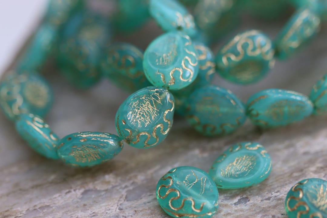 Translucent Green Aqua Czech Glass Pinched Drop Beads 13x11mm, 8 Beads ...