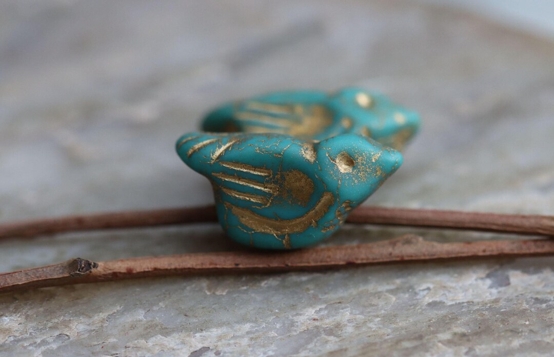 New! Matte Sea Green With Gold Wash Bird Czech Glass Beads 22x11mm, 2 ...