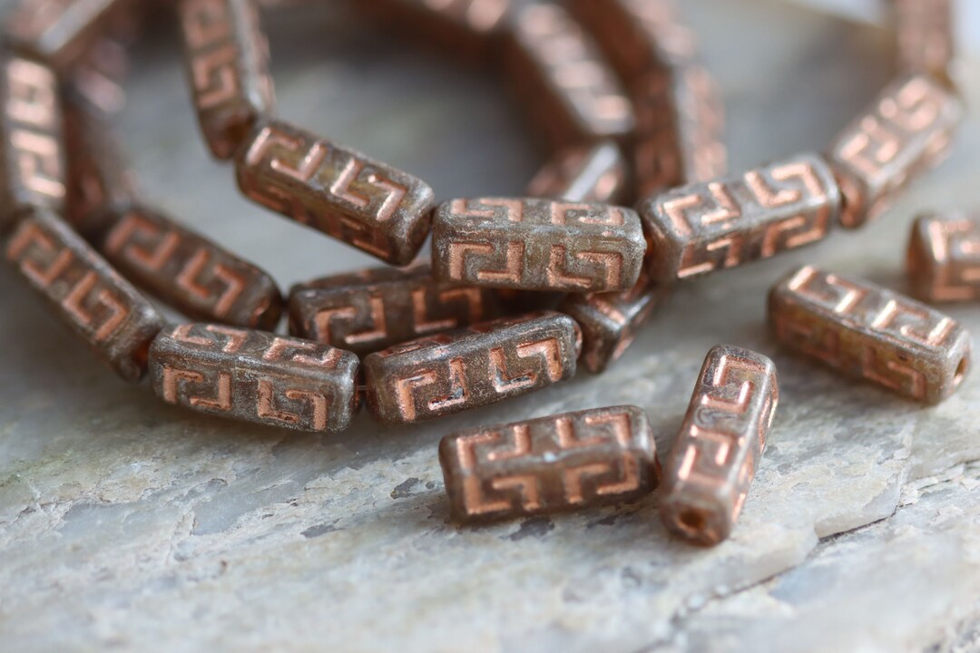 Ancient Greek Key Square Tube Czech Glass Beads, Matte Brownish Grey ...
