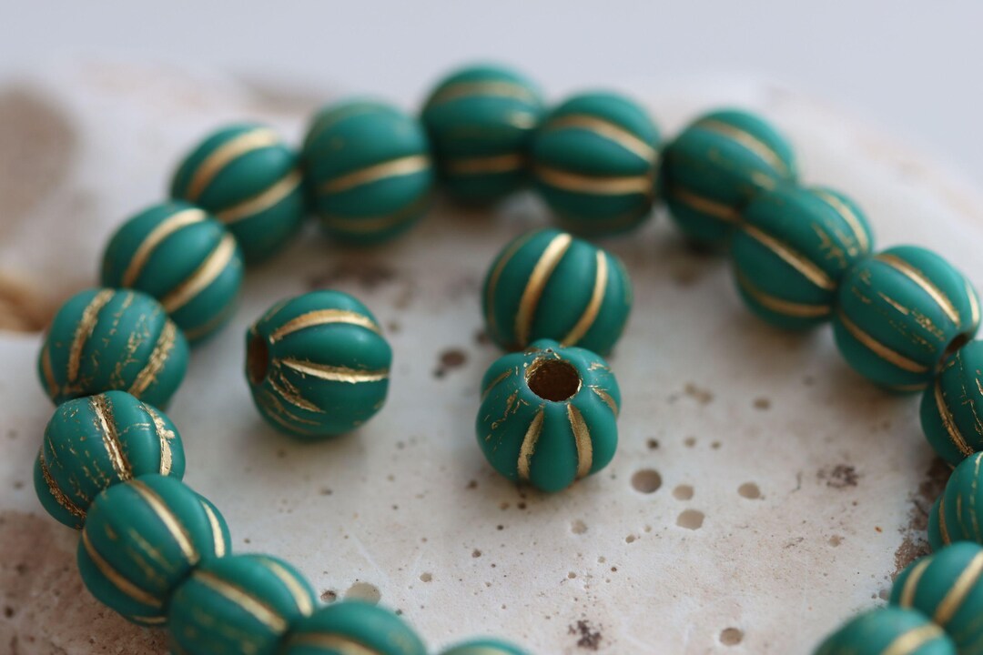 8mm Large Hole Matte Sea Green Gold Wash Czech Glass Melon Beads (10 ...