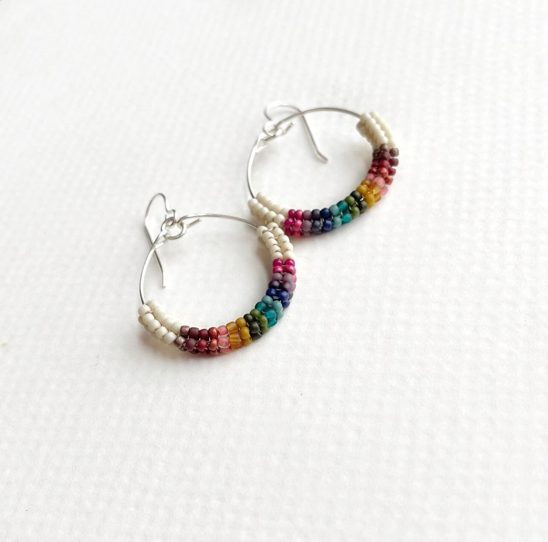 Small Rainbow Herringbone Circle Hoops - Handwoven Seed Bead Earrings ...