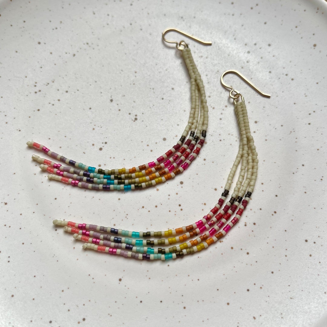 Autumn Rainbow Rainbow Barrel Fringe - Handwoven Seed Bead Earrings - Etsy